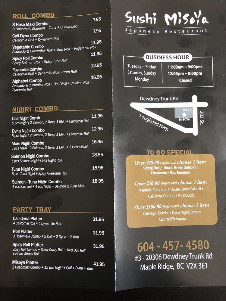 Menu at Sushi Misoya restaurant, Maple Ridge