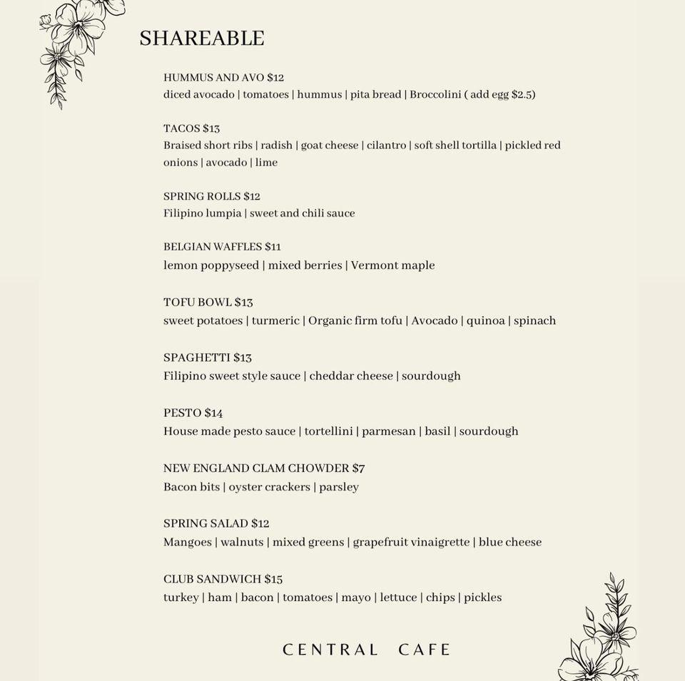 Menu at Central Cafe, Saint Johnsbury