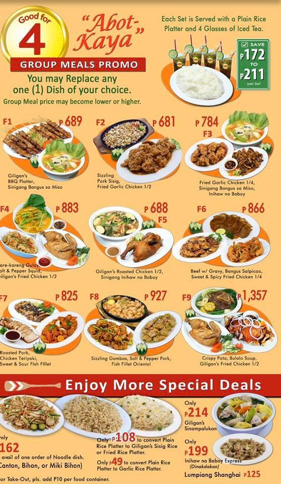 Menu at Giligan's restaurant, Binangonan