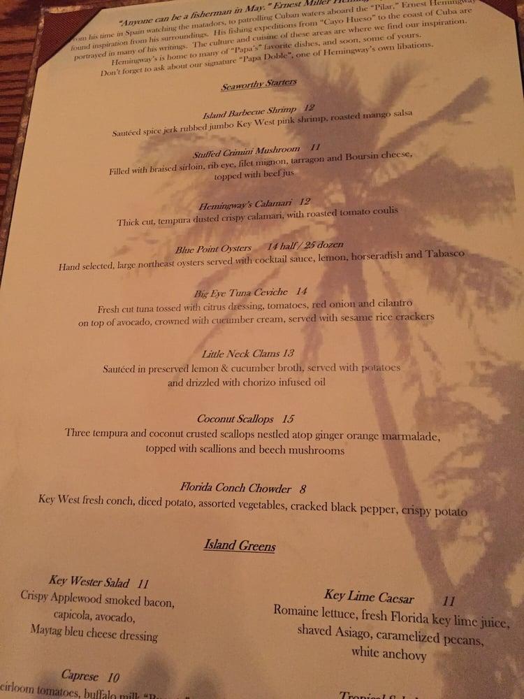 Menu at Hemingway's Restaurant, Orlando