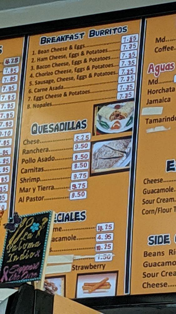 Menu at La Paloma Mexican Food restaurant, Indio