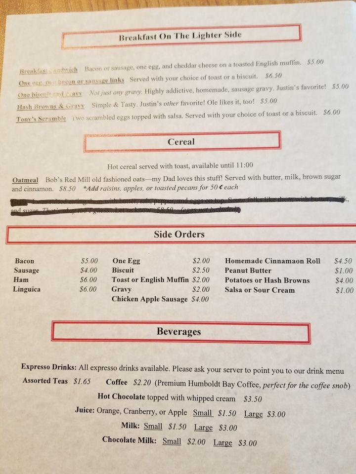 Menu at L's Kitchen cafe, Fortuna