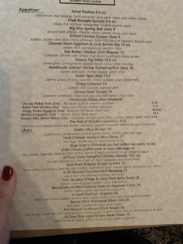 Menu at Namu restaurant, Hamilton