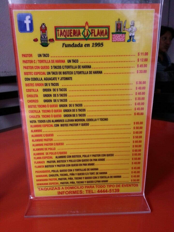 Menu at Taqueria La Flama restaurant, Mexico City, C. Dr. José María ...