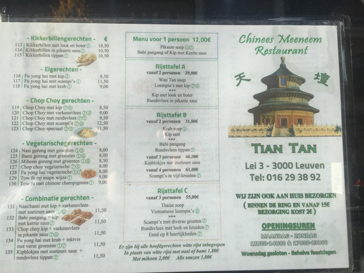Menu at Tian Tan, Leuven