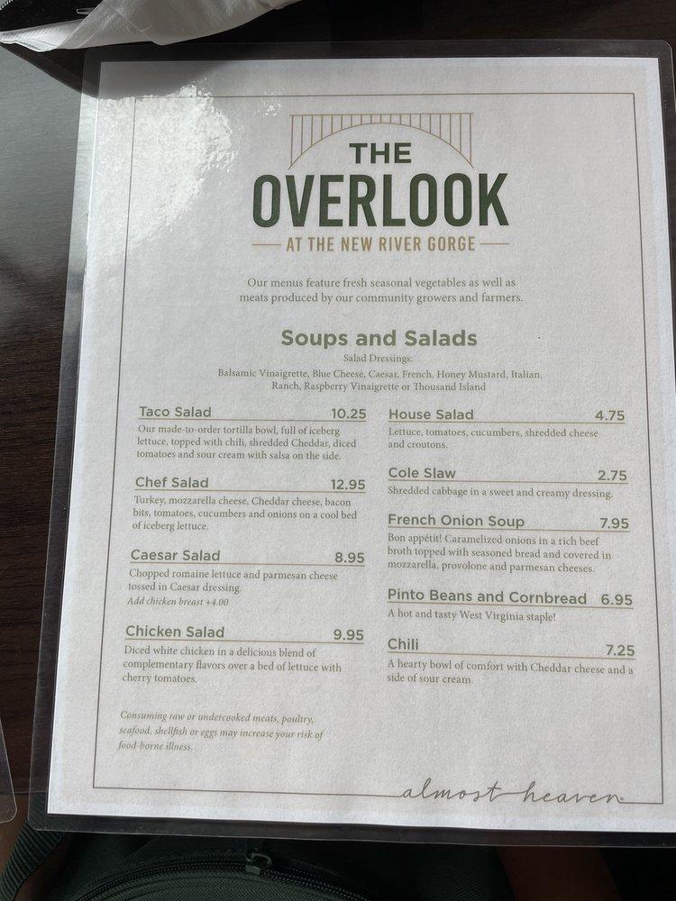 Menu at Overlook at the New River Gorge Restaurant, Ansted