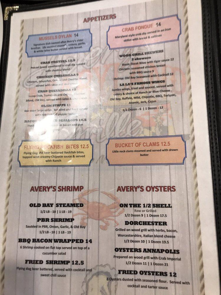 Menu at Avery's Maryland Grille pub & bar, Frederick