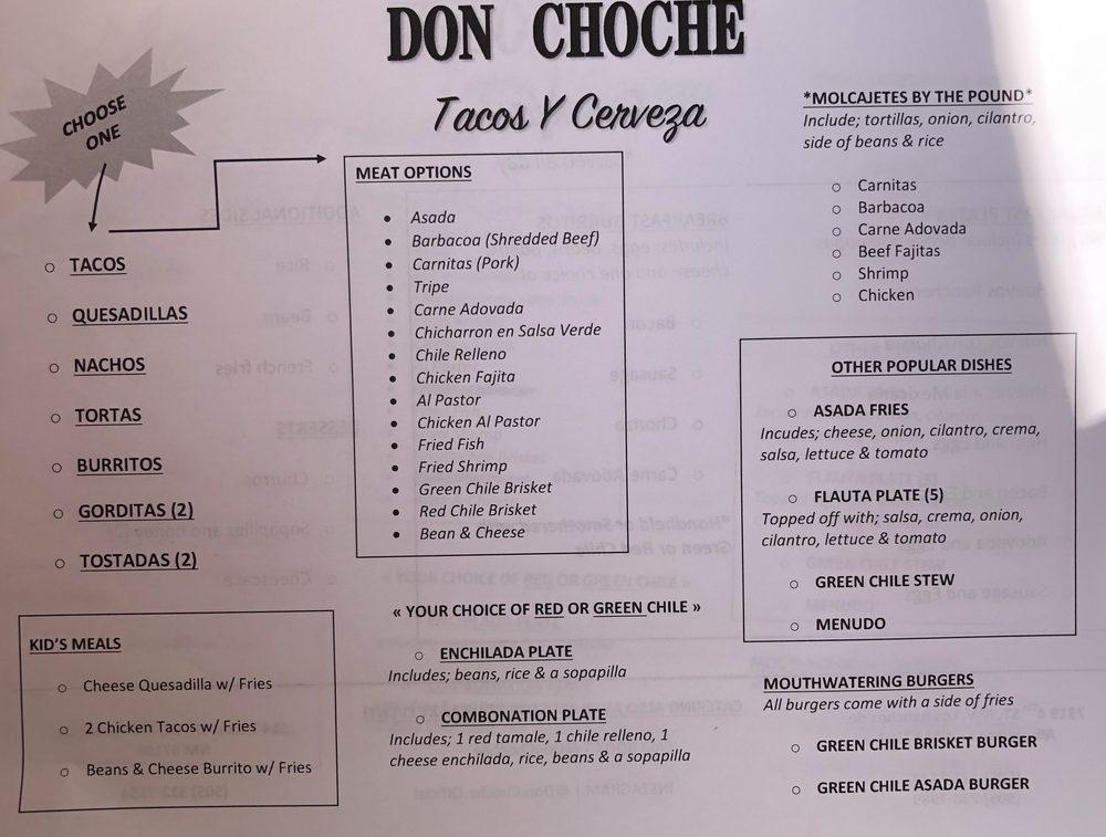 Menu at Don Choche Tacos Y Cerveza restaurant, Los Ranchos de ...