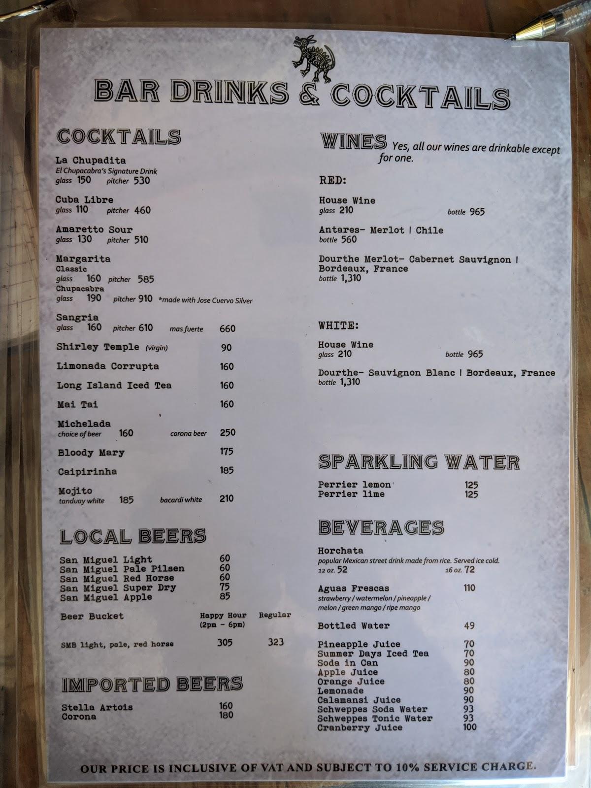 Menu at El Chupacabra pub & bar, Makati