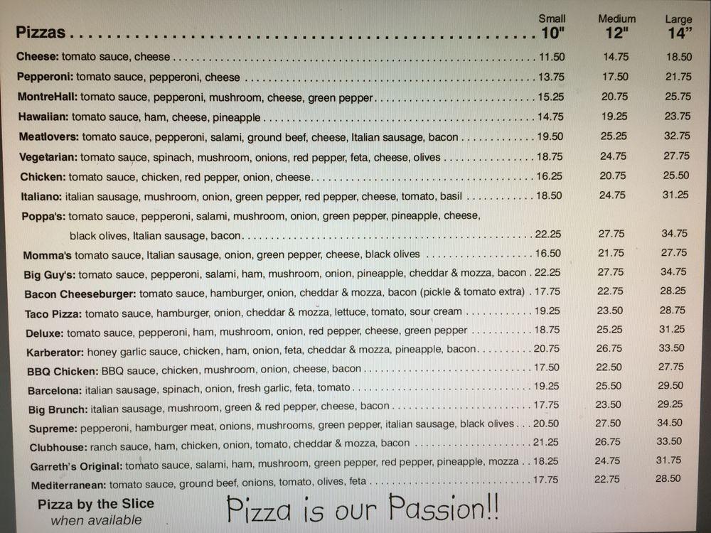 Menu at Poppa's Pizzeria, Parksville