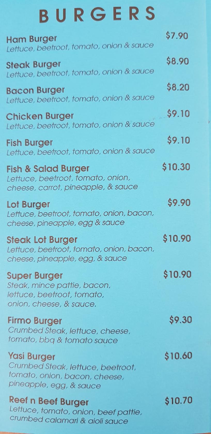 Menu at Take-A-Break Burger Bar, Kirwan