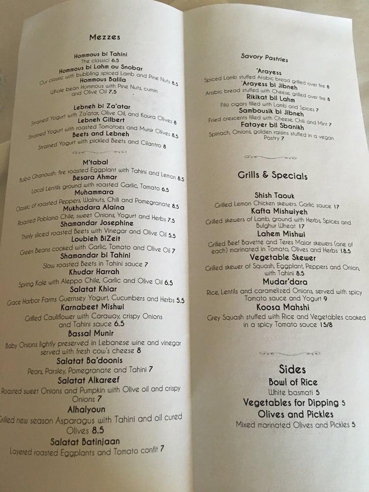 Menu at Cafe Munir, Seattle