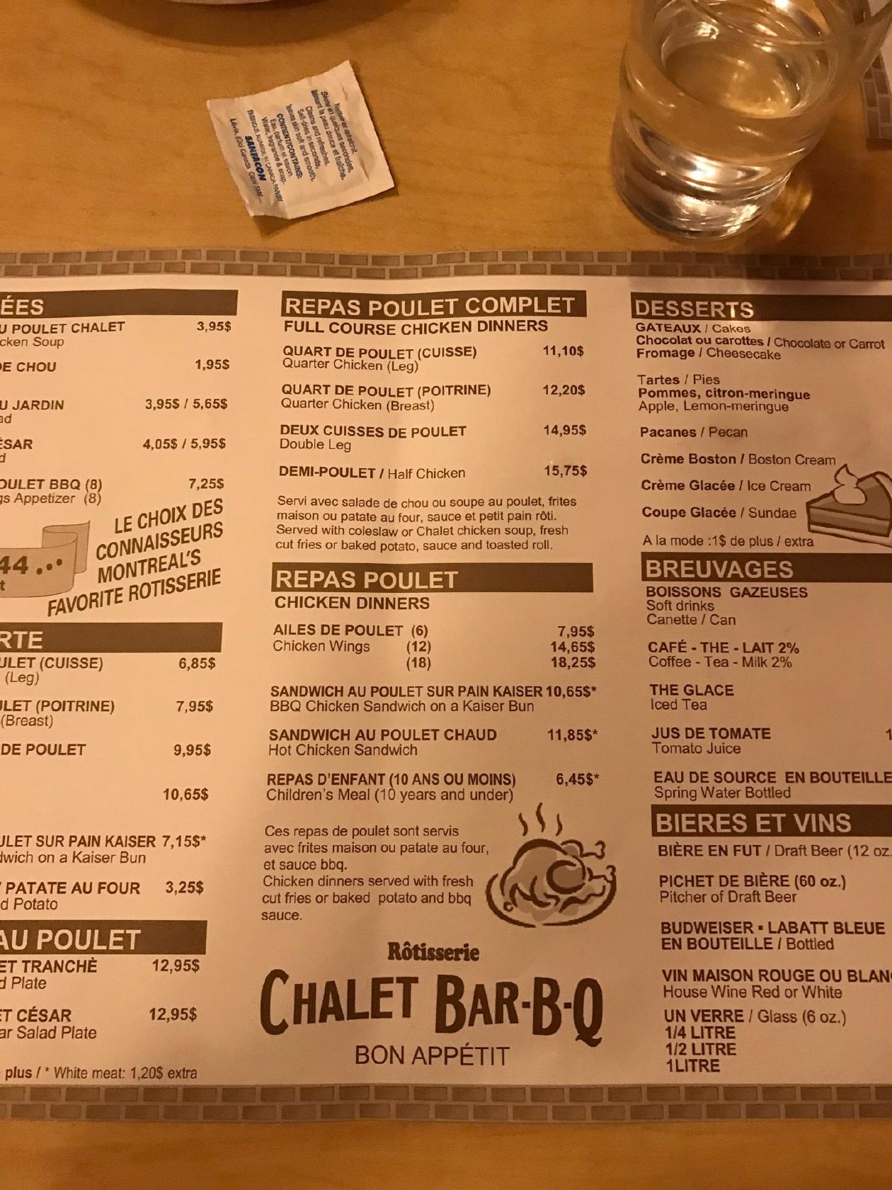Menu au Chalet Bar-B-Q, Montréal