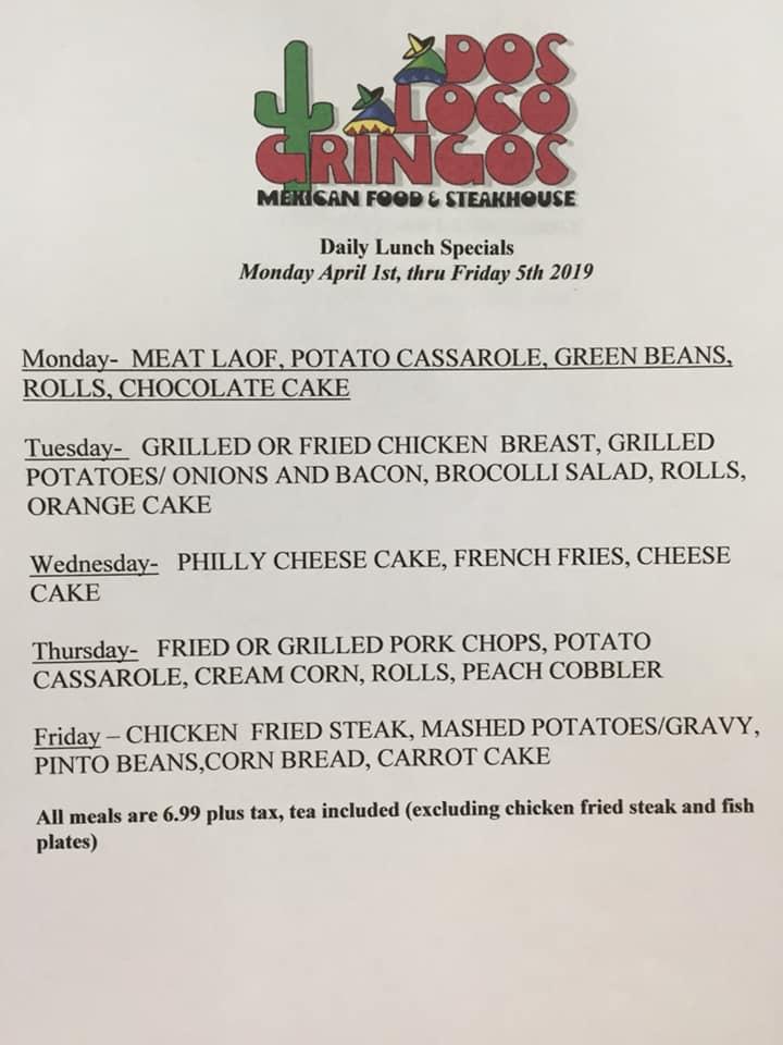 Menu at Dos Loco Gringos steakhouse, Hope