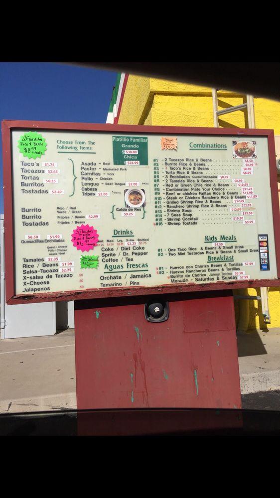 Menu at El Tacazo restaurant, Phoenix, S Central Ave