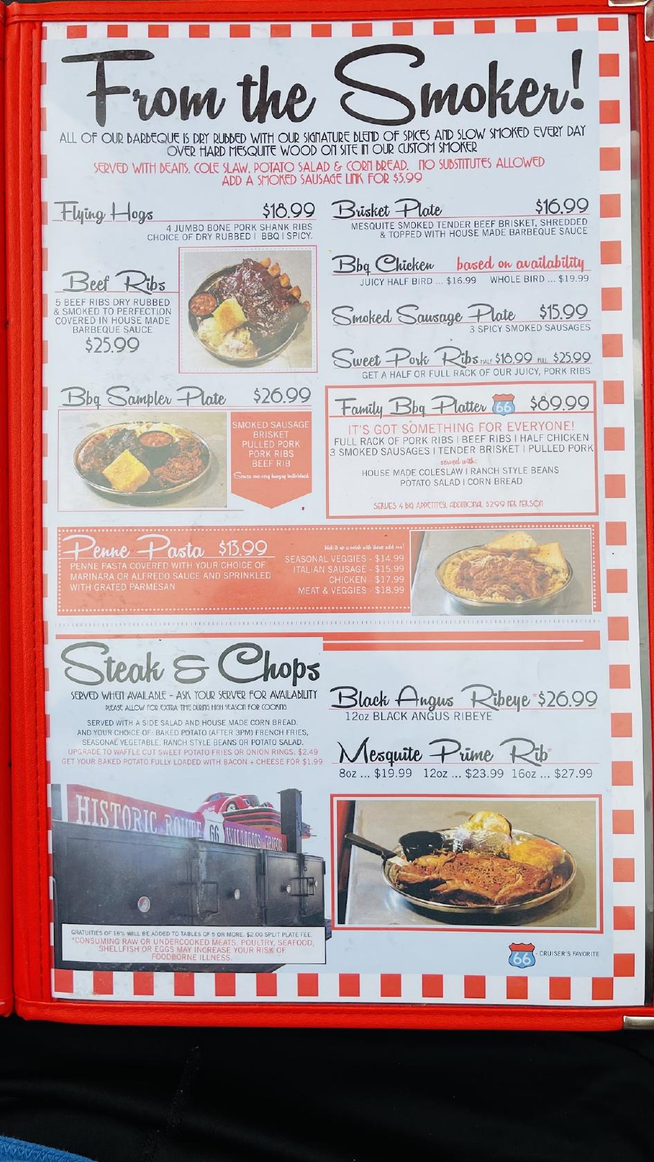 Menu at Family Dinner restaurant, Williams