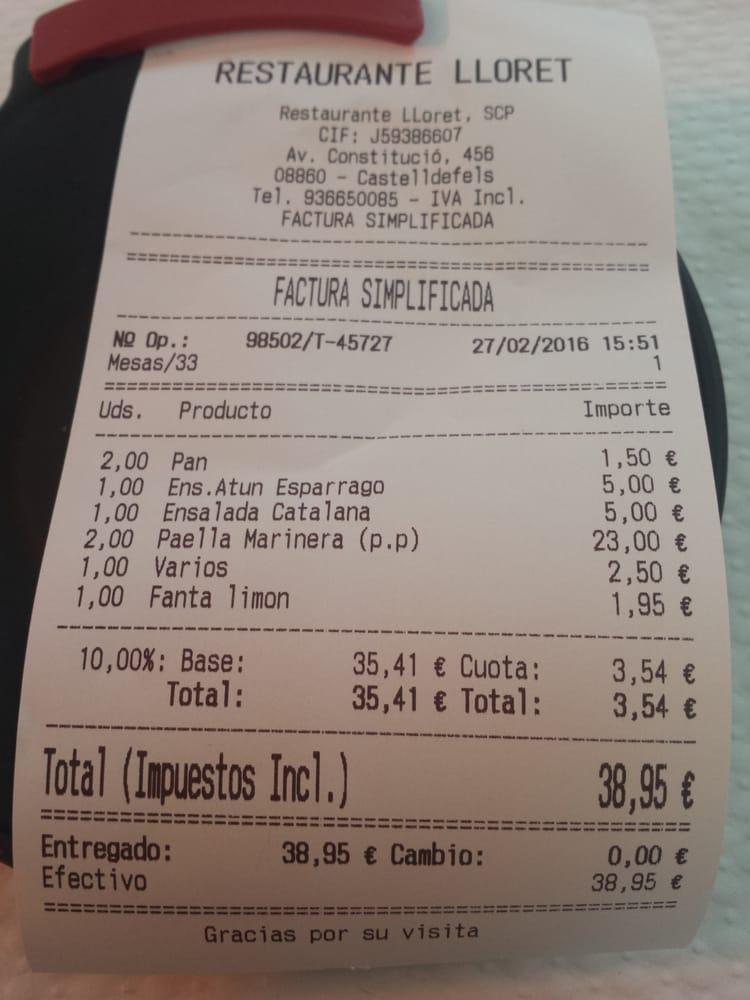 Carta de Restaurant Lloret, Casteldefels