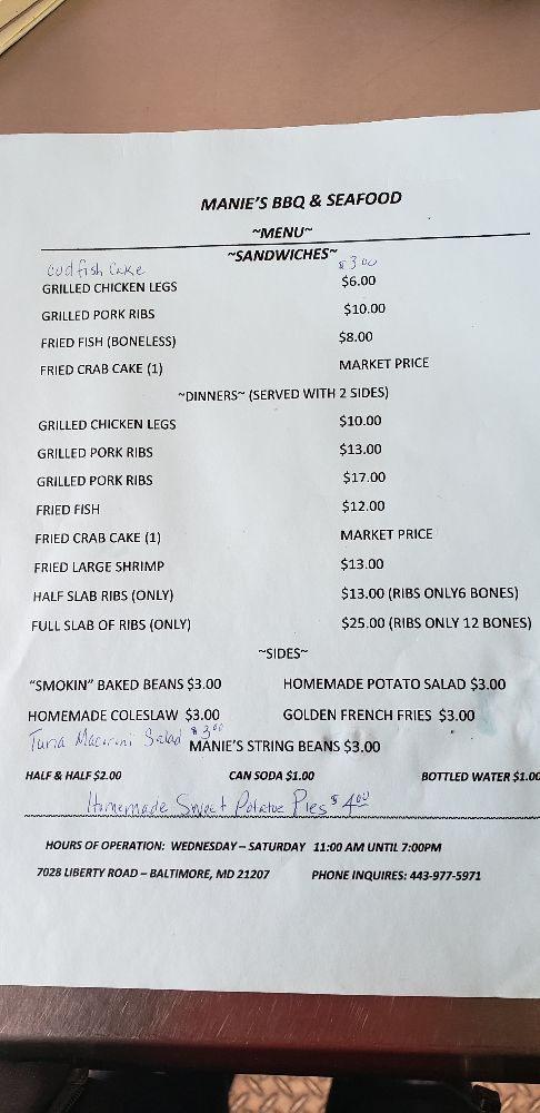 Menu at Manie's Bbq & Seafood, Baltimore