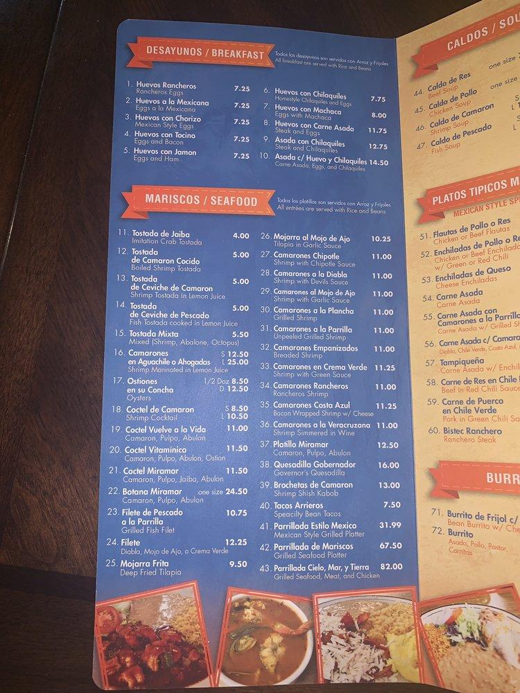 Menu at Mariscos Miramar restaurant, Bellflower
