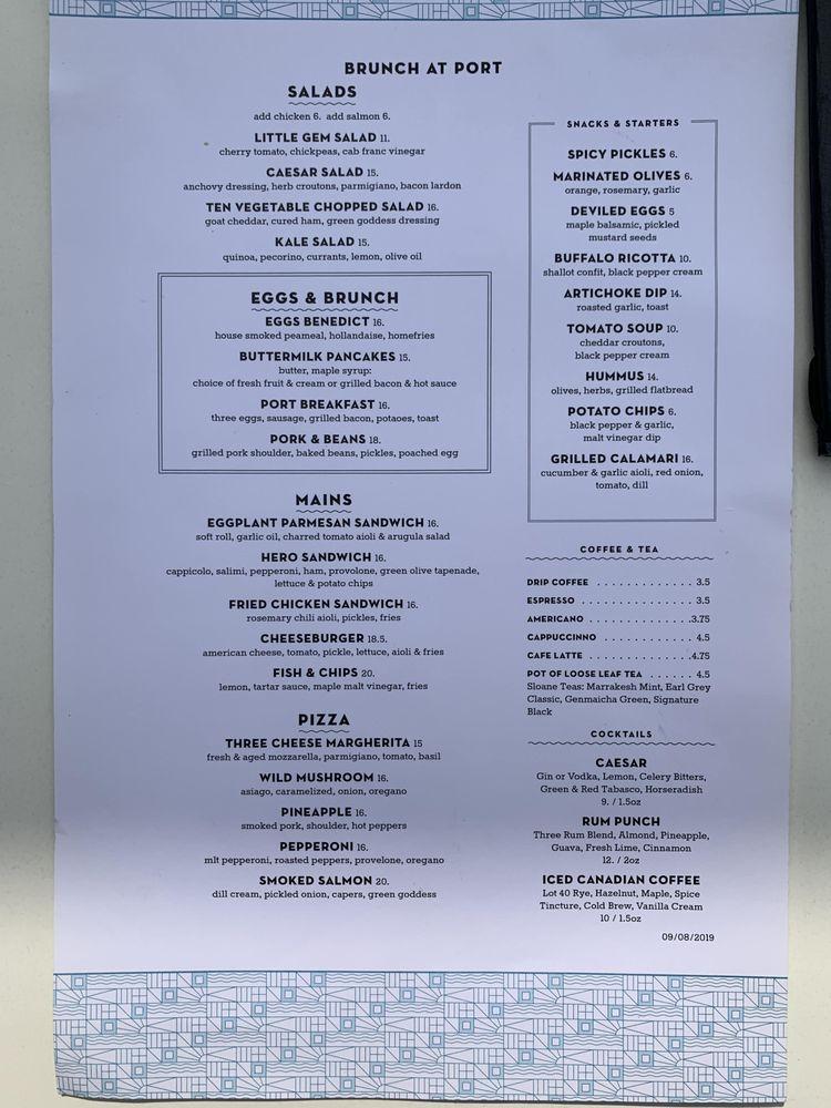 Menu at PORT restaurant, Pickering