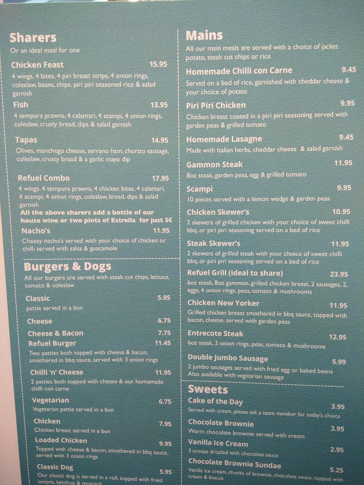 Menu at ReFuel pub & bar, Benidorm