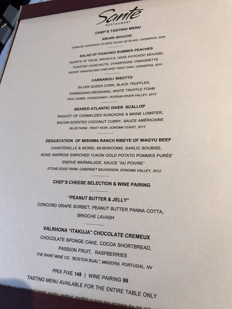 Menu at Santé restaurant, Sonoma, 100 Boyes Blvd