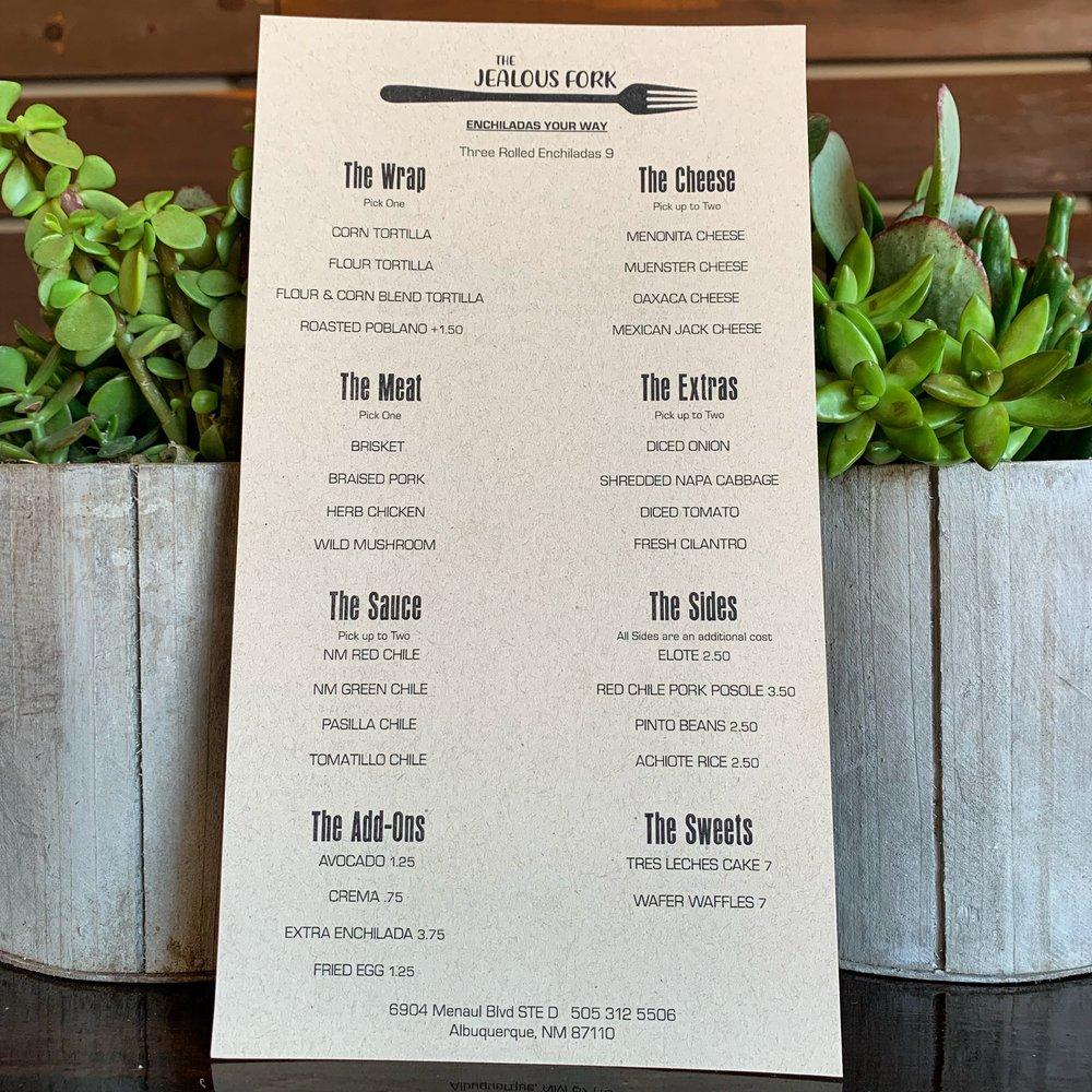 Menu at The Jealous Fork restaurant, Albuquerque