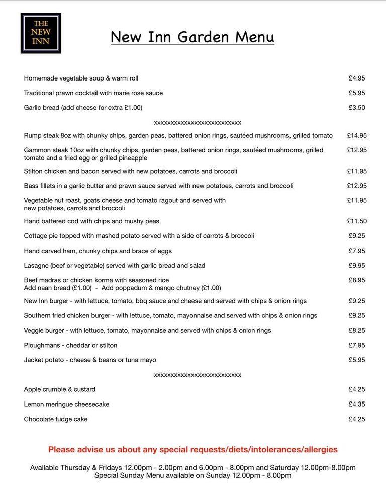 Menu at The New Inn pub & bar, Ilminster