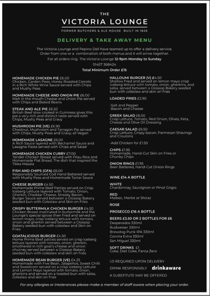 Menu at The Victoria Lounge pub & bar, Glossop