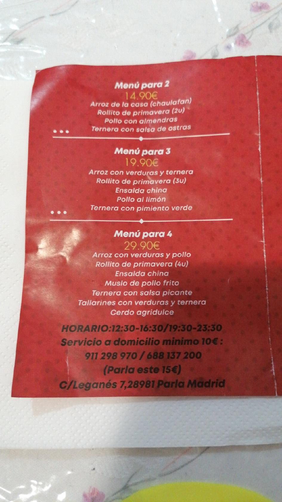 Menu at COMIDA CHINA restaurant, Parla