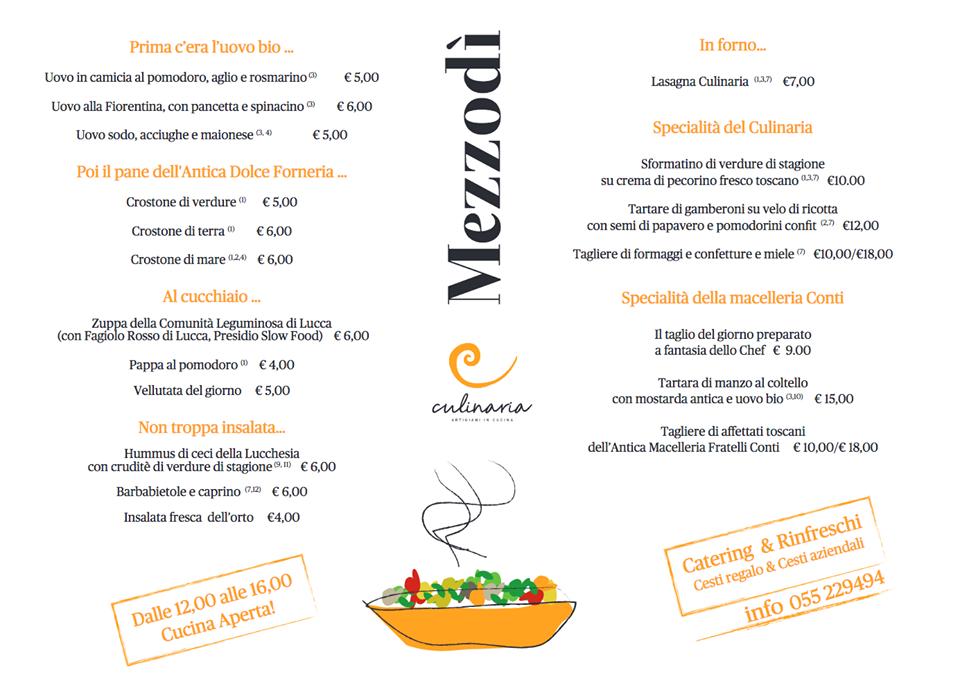 Menu at Culinaria Bistro restaurant, Florence
