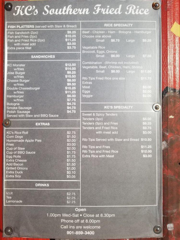 Menu at KC Southern Fried Rice restaurant, Memphis, S 3rd St
