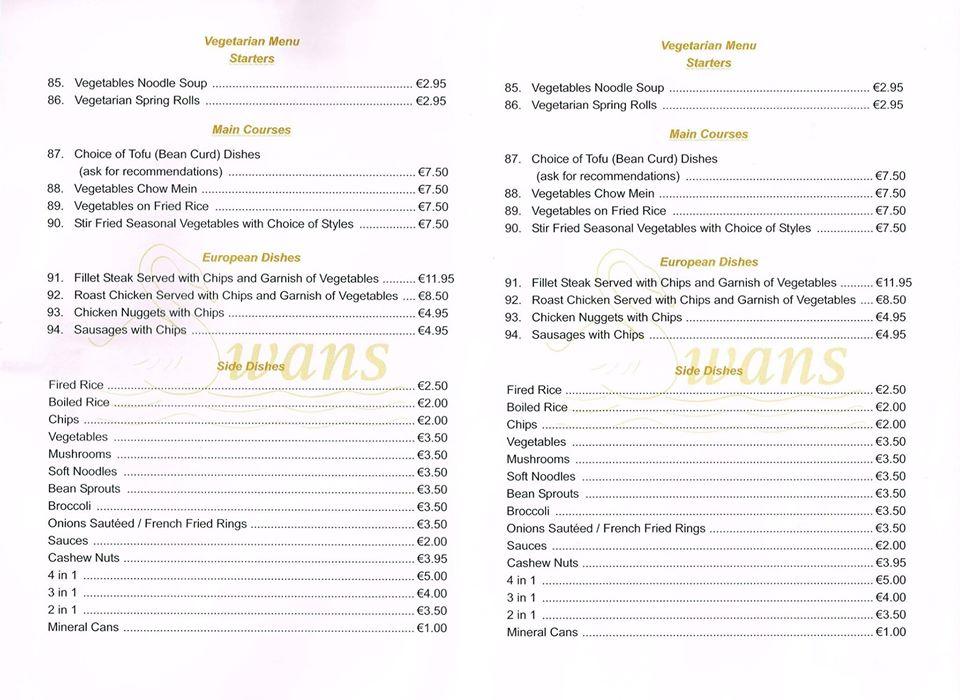 Menu at Swan's restaurant, Callan
