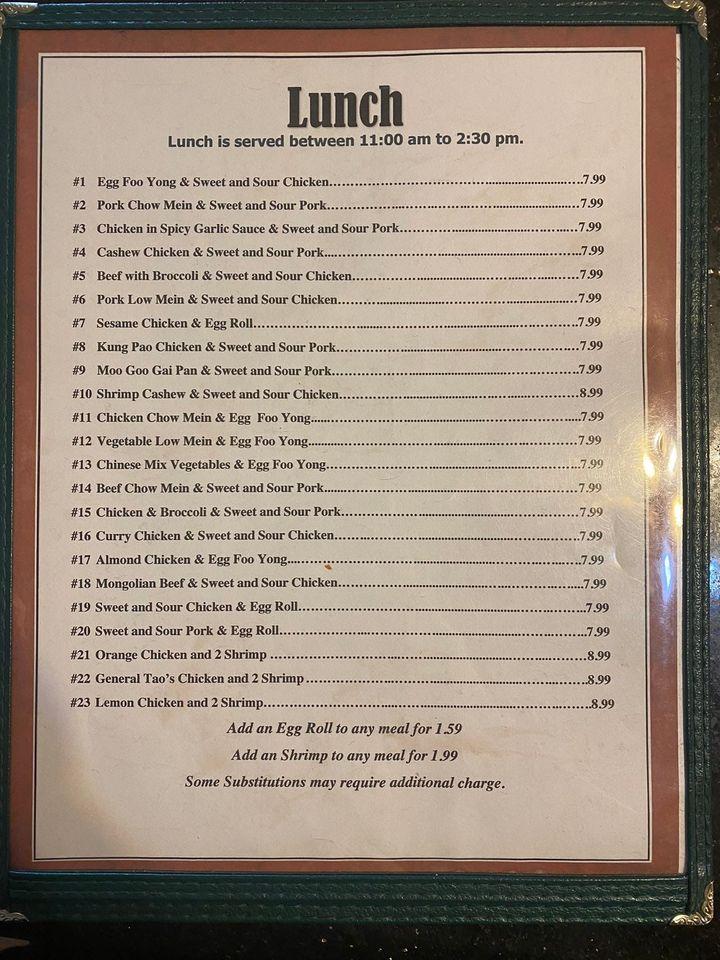 Carta de T-Bone Chinese American Restaurant, Springville