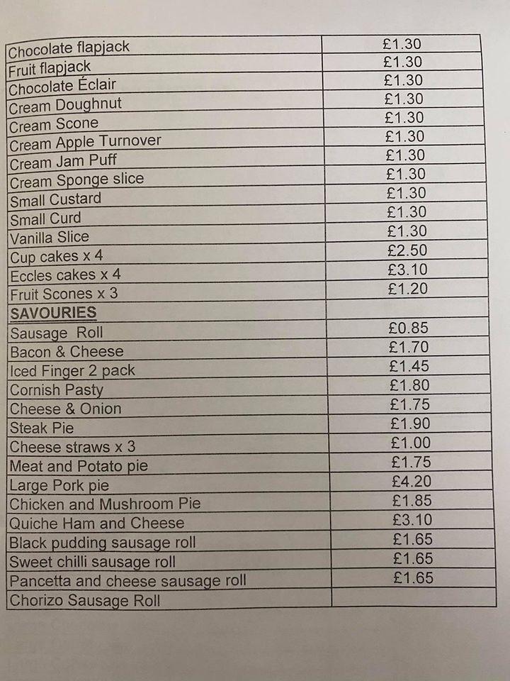 Menu at Albion Bakery, Epworth