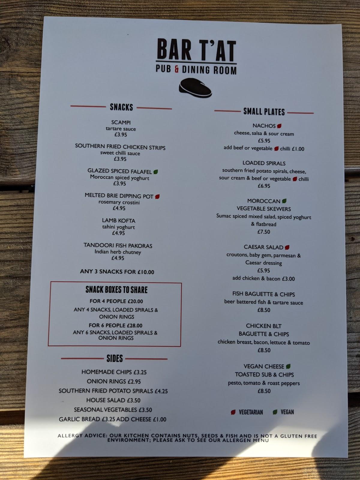 Menu at Bar T'at, Ilkley