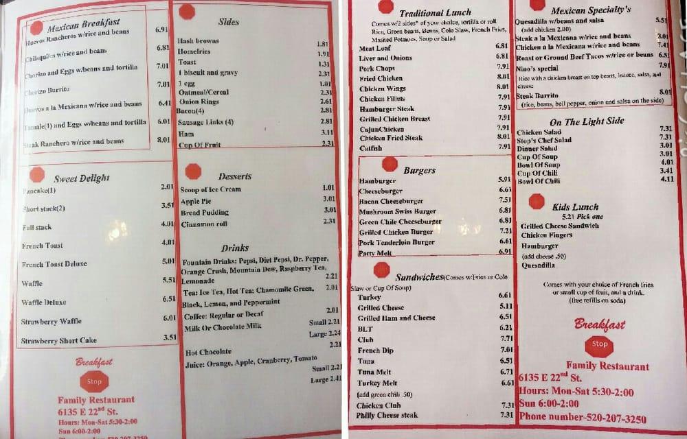 Menu at Breakfast Stop Family Restaurant, Tucson, E 22nd St