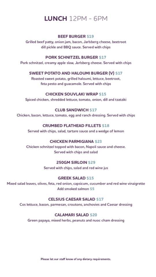 Menu at Celsius Restaurant, Townsville, 166 Woolcock St