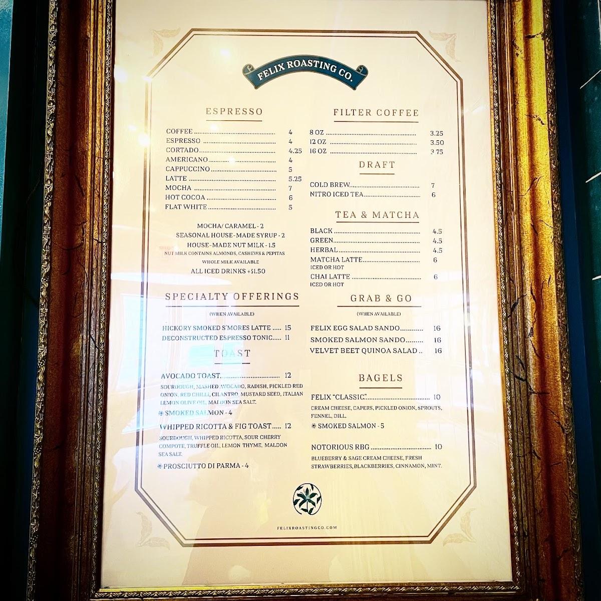 Menu at Felix Roasting Co. cafe, New York City, 450 Park Ave S