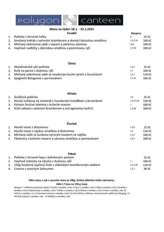 Menu at Polygon Canteen restaurant, Prague