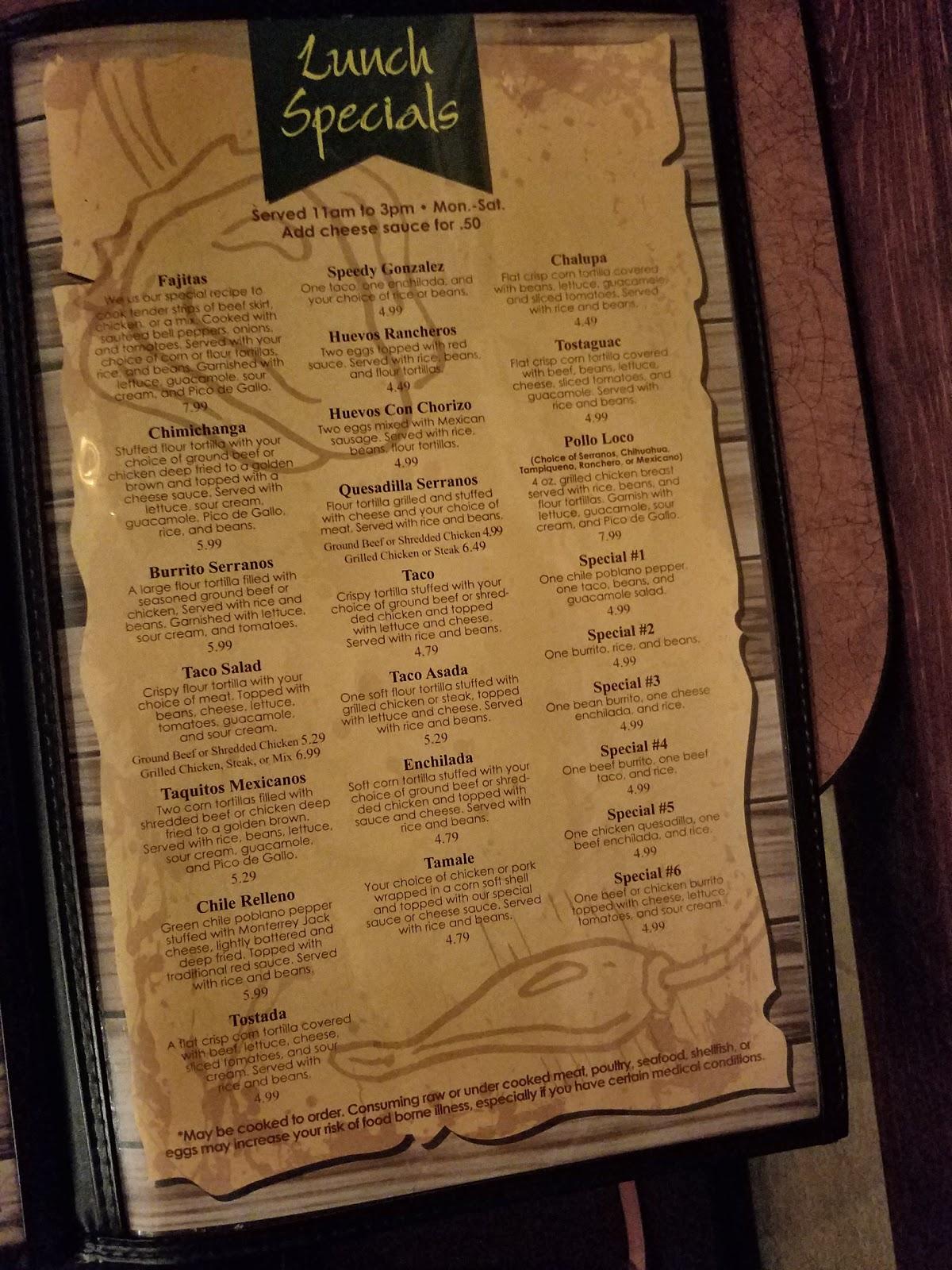 Menu at Serranos Mexican Grill restaurant, Conway