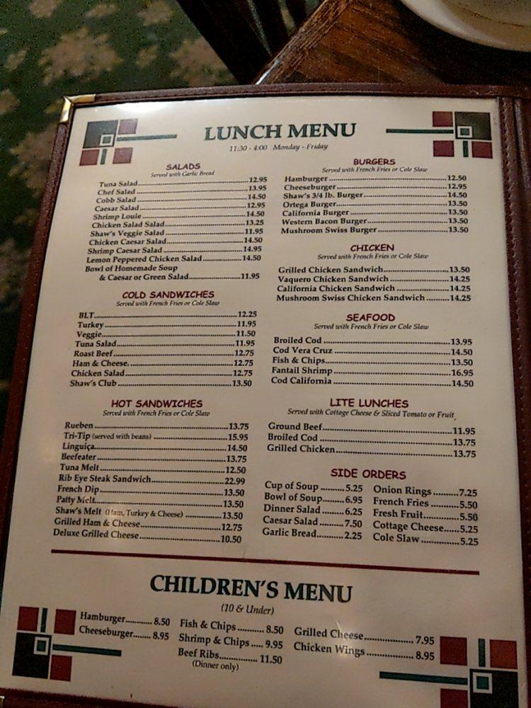 Menu at Shaw's Steakhouse, Santa Maria