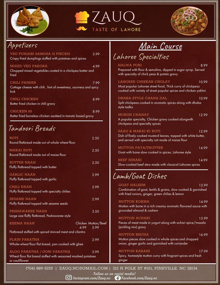Menu at Zauq - Taste of Lahore restaurant, Pineville