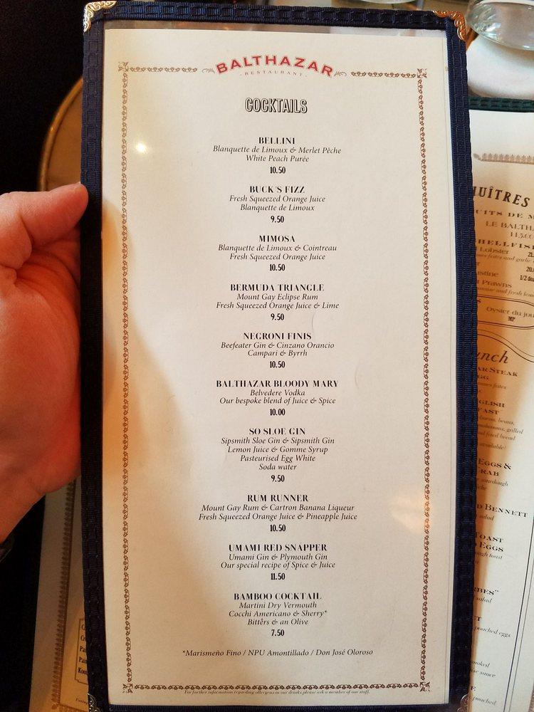 Menu at Balthazar restaurant, London