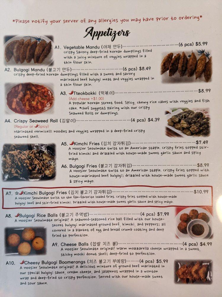 Menu at Hoosier Seoulmate Korean Restaurant, Bloomington