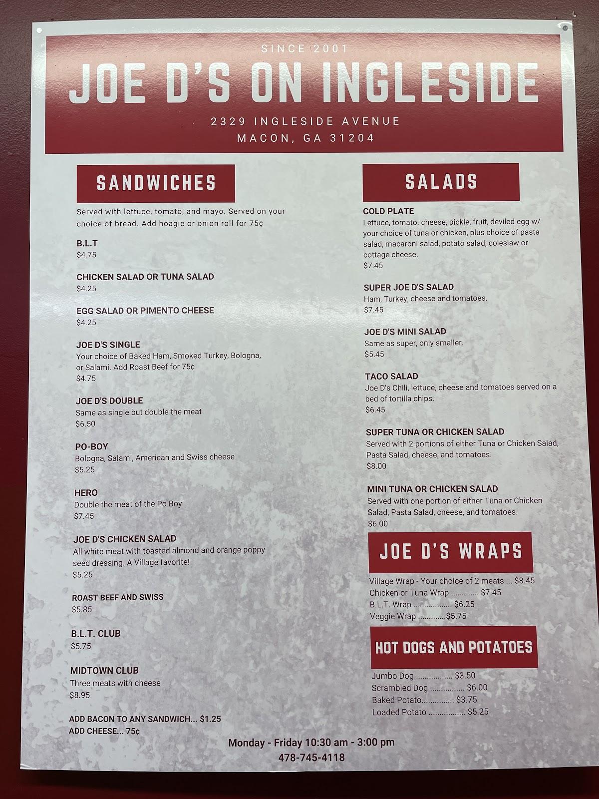 Menu at Joe D's On Ingleside restaurant, Macon