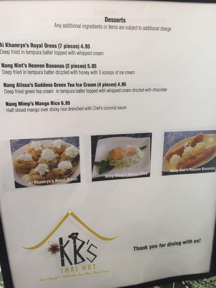 Menu at KB's Thai Hut restaurant, Sacramento