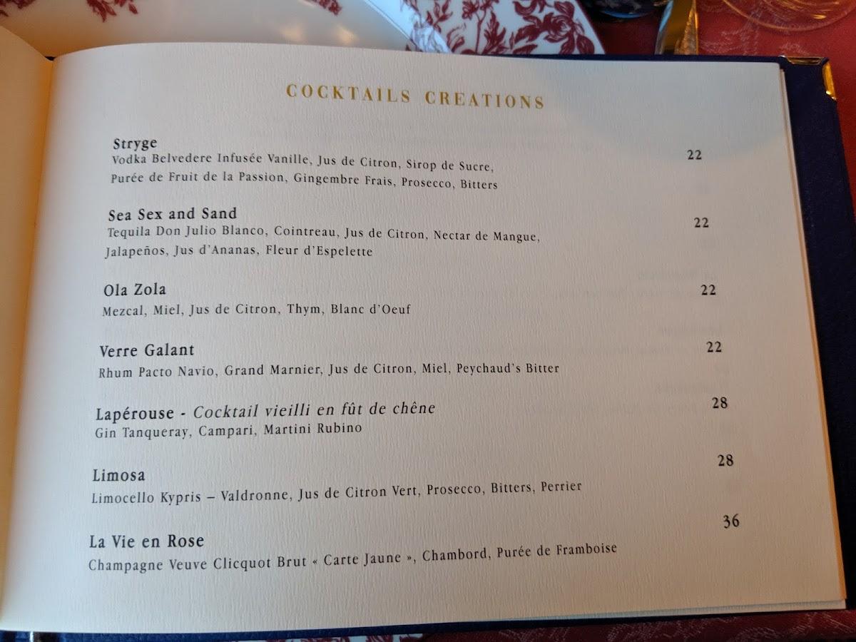 Menu au Lapérouse restaurant, Paris, 51 Quai des Grands Augustins