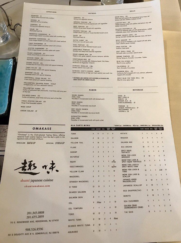 Menu at Shumi Japanese Cuisine restaurant, Ridgewood