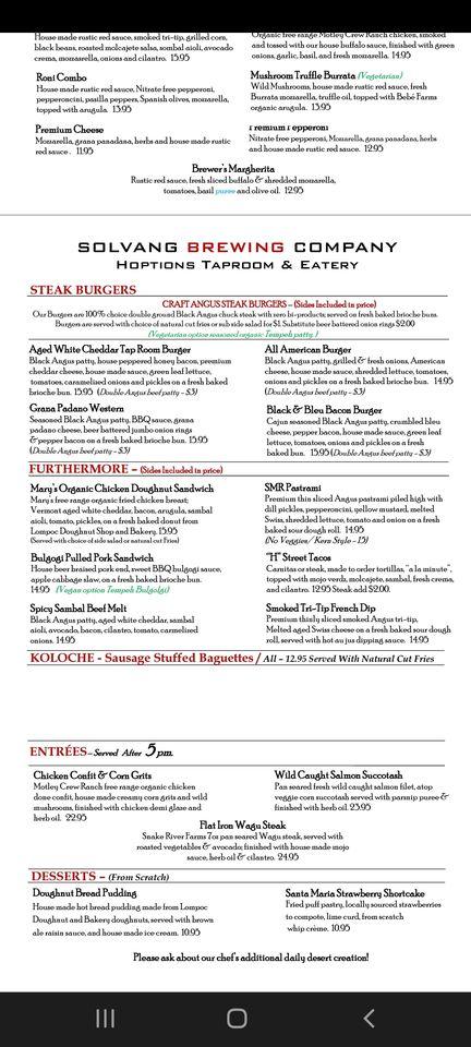 Menu at Solvang Brewing Company pub & bar, Solvang